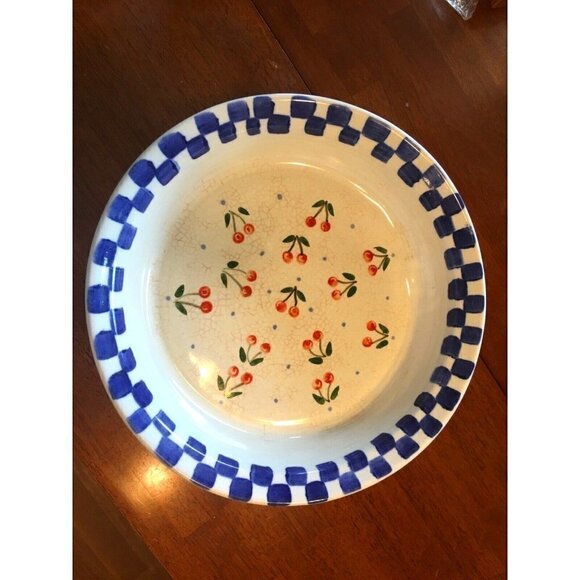 Dining | Handmade Ceramic Pie Plate Dish Cherries Blue Checkers ...